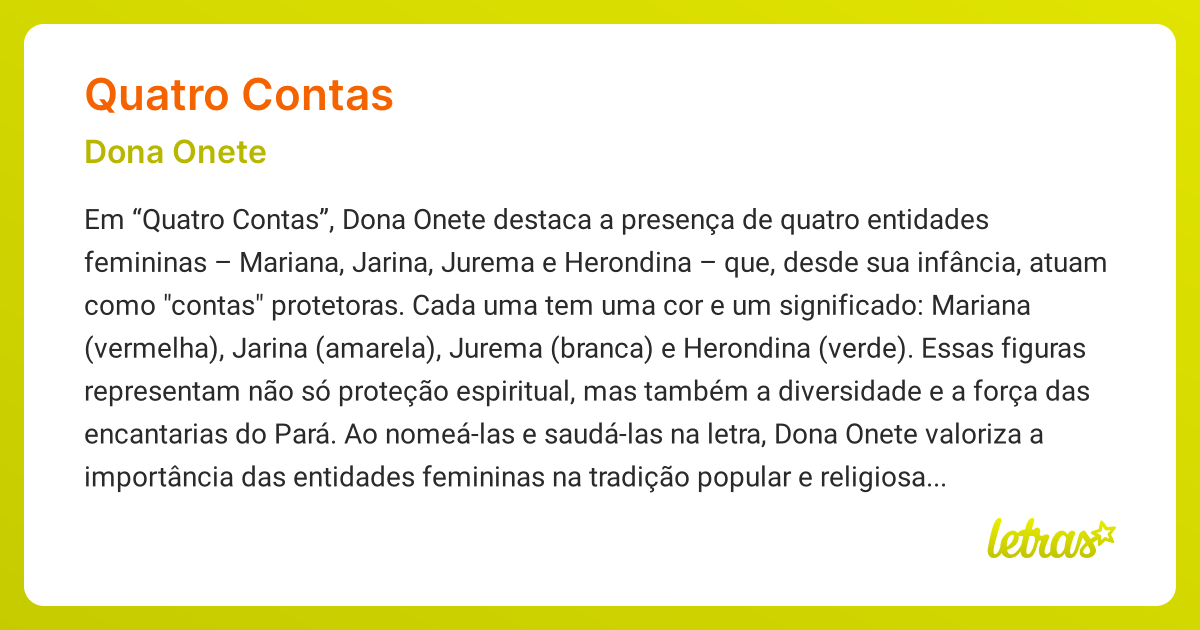 Significado da música QUATRO CONTAS (Dona Onete) - LETRAS.MUS.BR