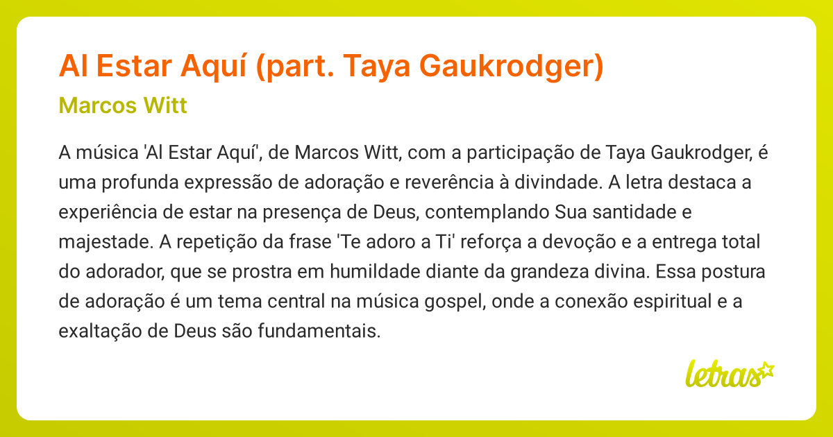 Significado da música Al Estar Aquí (part. Taya Gaukrodger) (Marcos ...