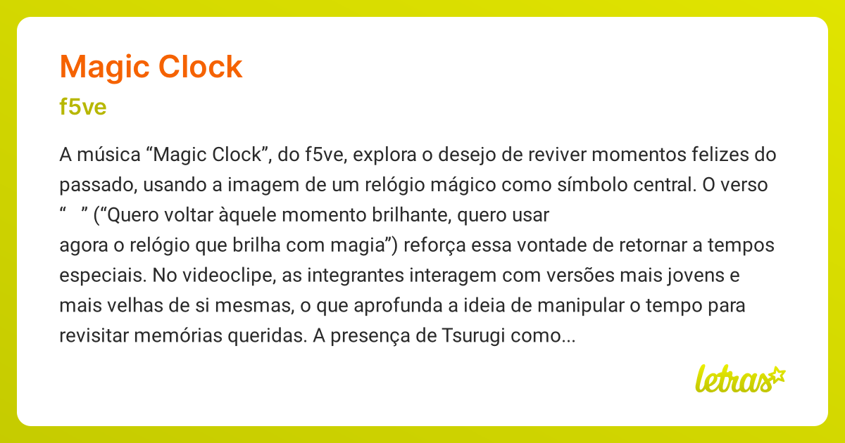 Significado da música MAGIC CLOCK (f5ve) - LETRAS.MUS.BR