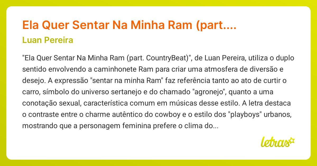 Significado da música Ela Quer Sentar Na Minha Ram (part. CountryBeat ...