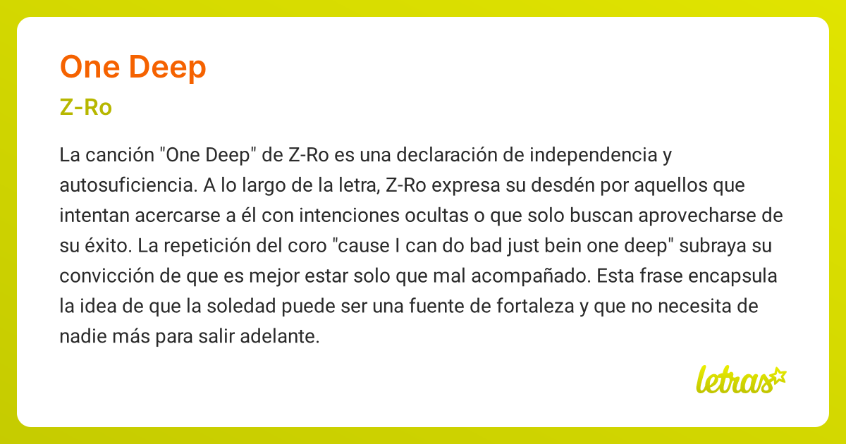 Significado de la canción ONE DEEP (Z-Ro) - LETRAS.COM
