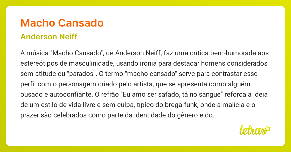 Significado da música MACHO CANSADO (Anderson Neiff) - LETRAS.MUS.BR