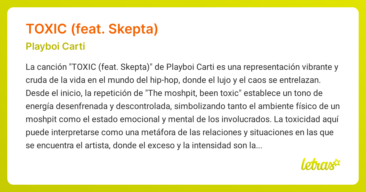 Significado de la canción TOXIC (FEAT. SKEPTA) (Playboi Carti) - LETRAS.COM