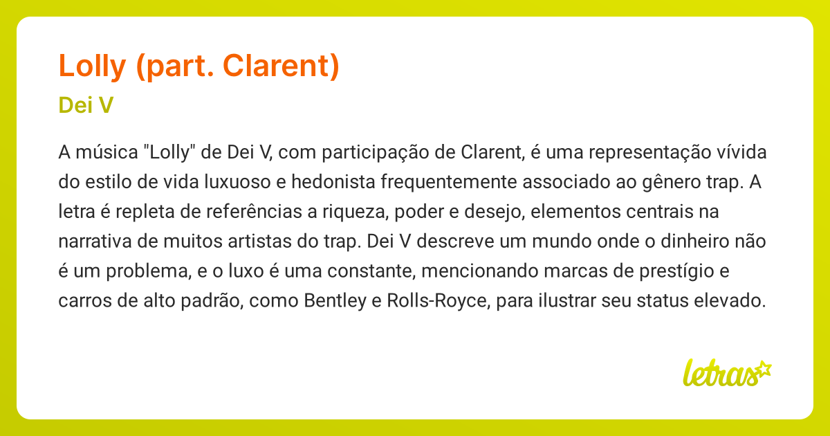 Significado da música LOLLY (PART. CLARENT) (Dei V) - LETRAS.MUS.BR