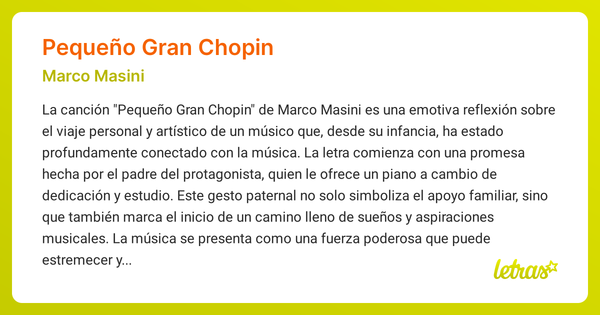 Significado de la canción PEQUEÑO GRAN CHOPIN (Marco Masini) - LETRAS.COM