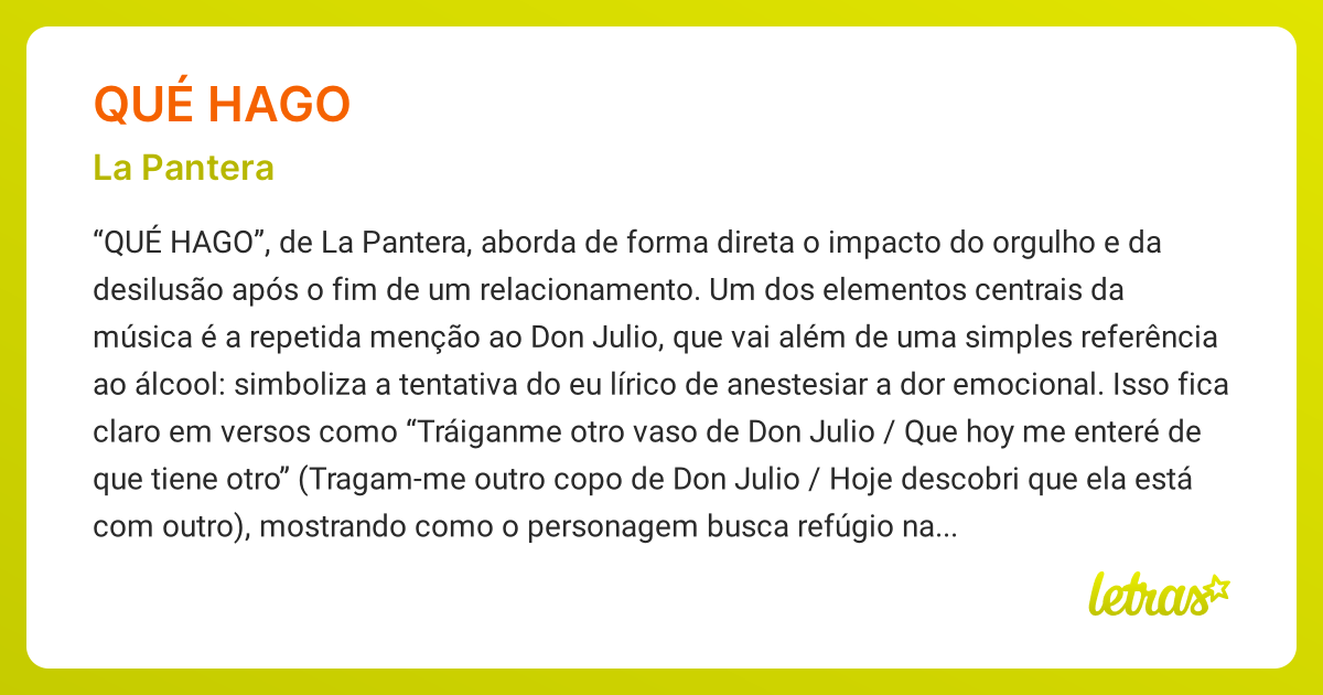 Significado da música QUÉ HAGO (La Pantera) - LETRAS.MUS.BR