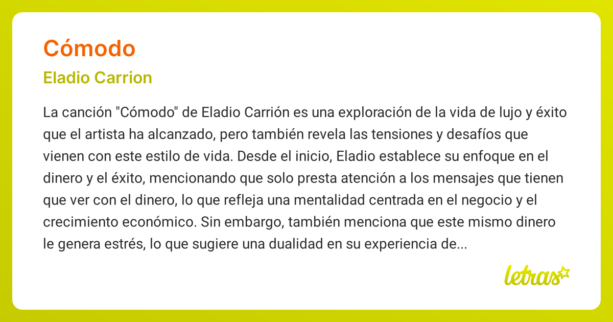 Significado de la canción CÓMODO (Eladio Carrion) - LETRAS.COM