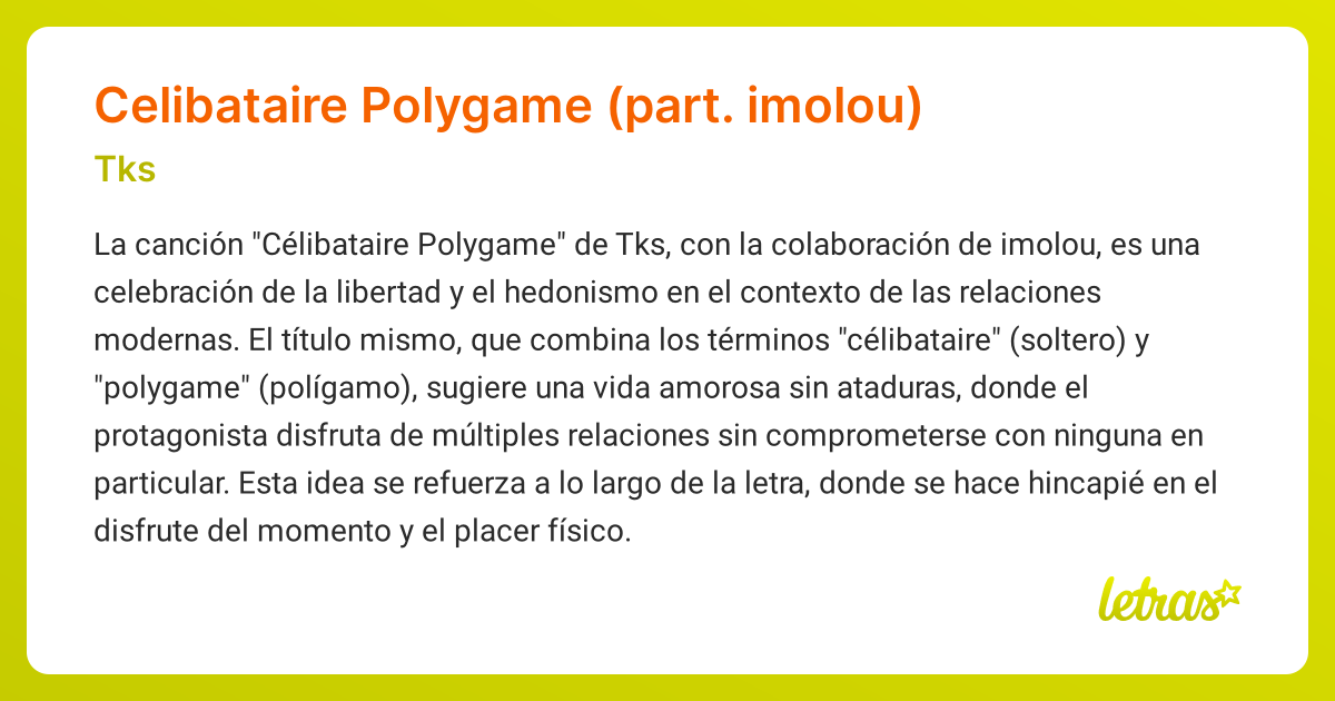 Significado de la canción Celibataire Polygame (part. imolou) (Tks ...