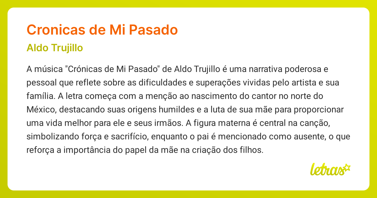 Significado da música CRONICAS DE MI PASADO (Aldo Trujillo) - LETRAS.MUS.BR