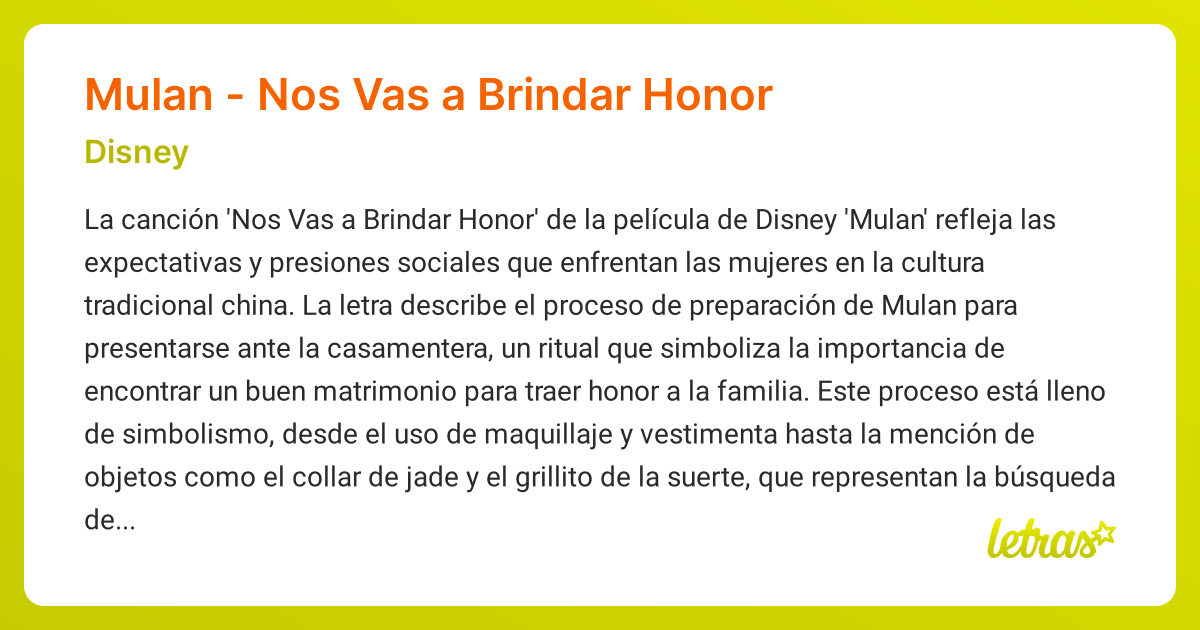 Significado de la canción Mulan - Nos Vas a Brindar Honor (Disney ...