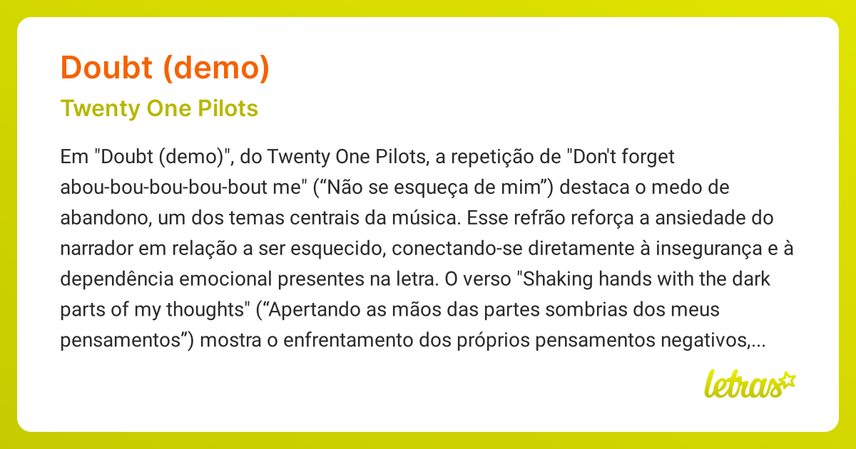 Significado da música DOUBT (DEMO) (Twenty One Pilots) - LETRAS.MUS.BR