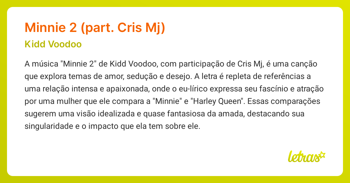 Significado da música MINNIE 2 (PART. CRIS MJ) (Kidd Voodoo) - LETRAS ...