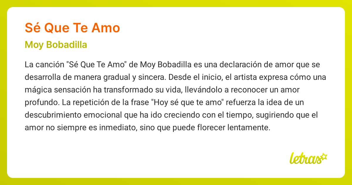 Significado de la canción SÉ QUE TE AMO (Moy Bobadilla) - LETRAS.COM