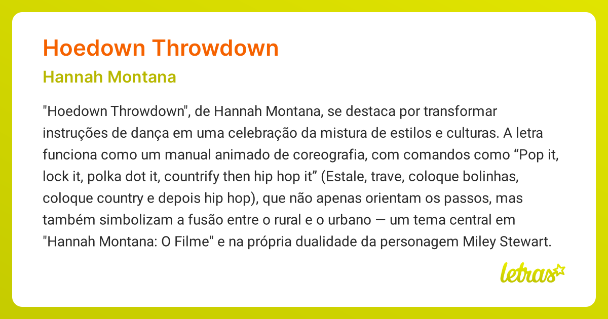 Significado da música HOEDOWN THROWDOWN (Hannah Montana) - LETRAS.MUS.BR