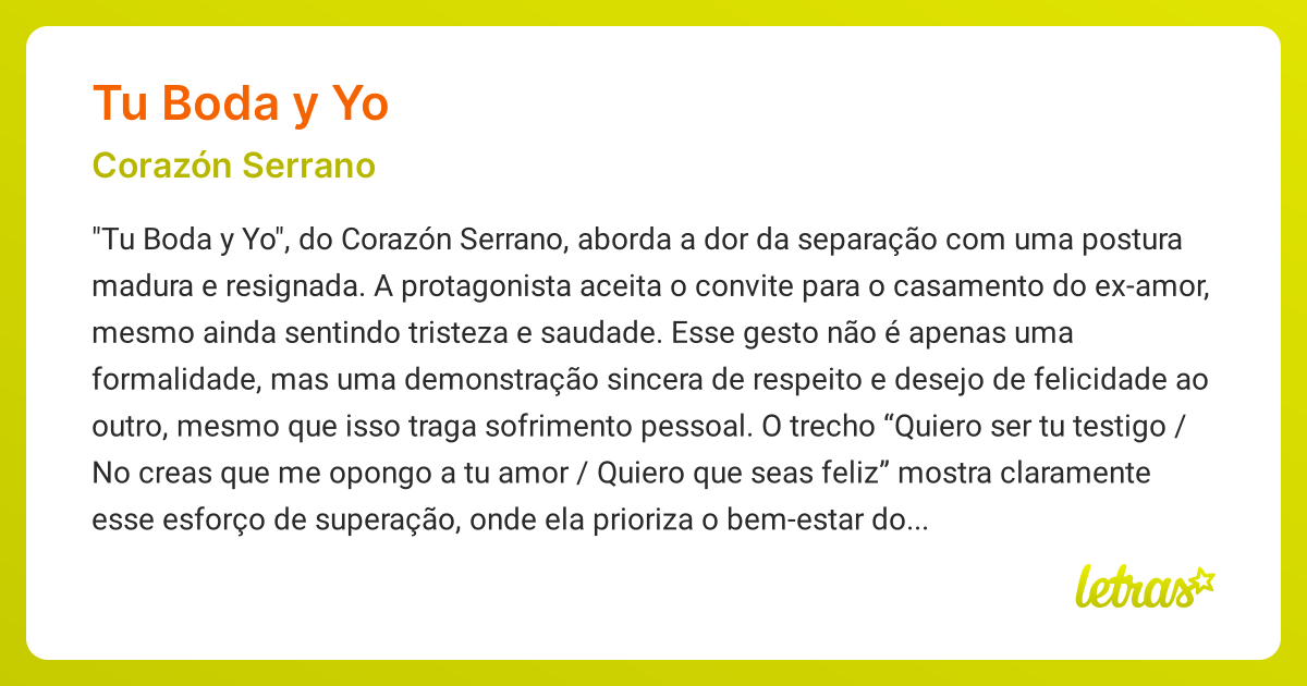 Significado da música TU BODA Y YO (Corazón Serrano) - LETRAS.MUS.BR