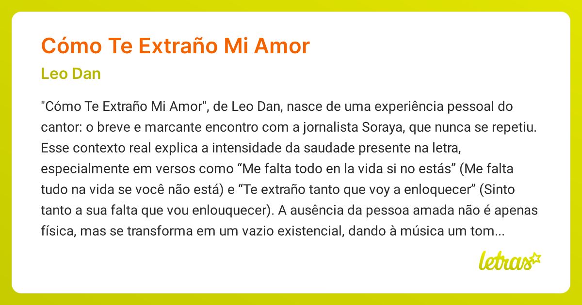 Significado da música CÓMO TE EXTRAÑO MI AMOR (Leo Dan) - LETRAS.MUS.BR