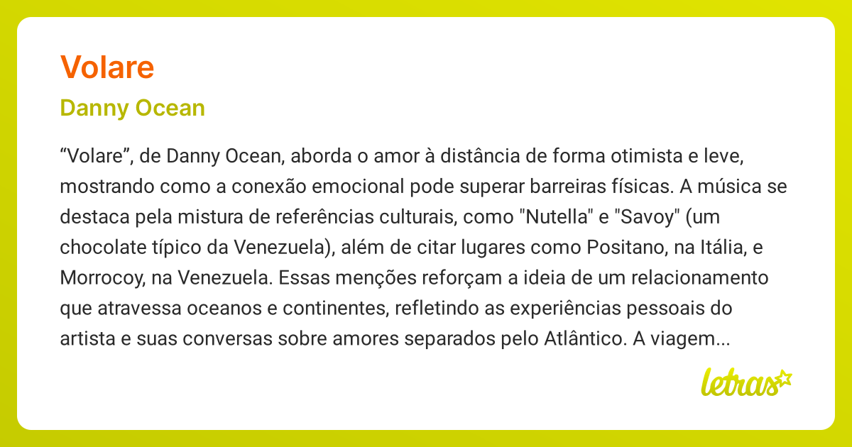 Significado da música VOLARE (Danny Ocean) - LETRAS.MUS.BR
