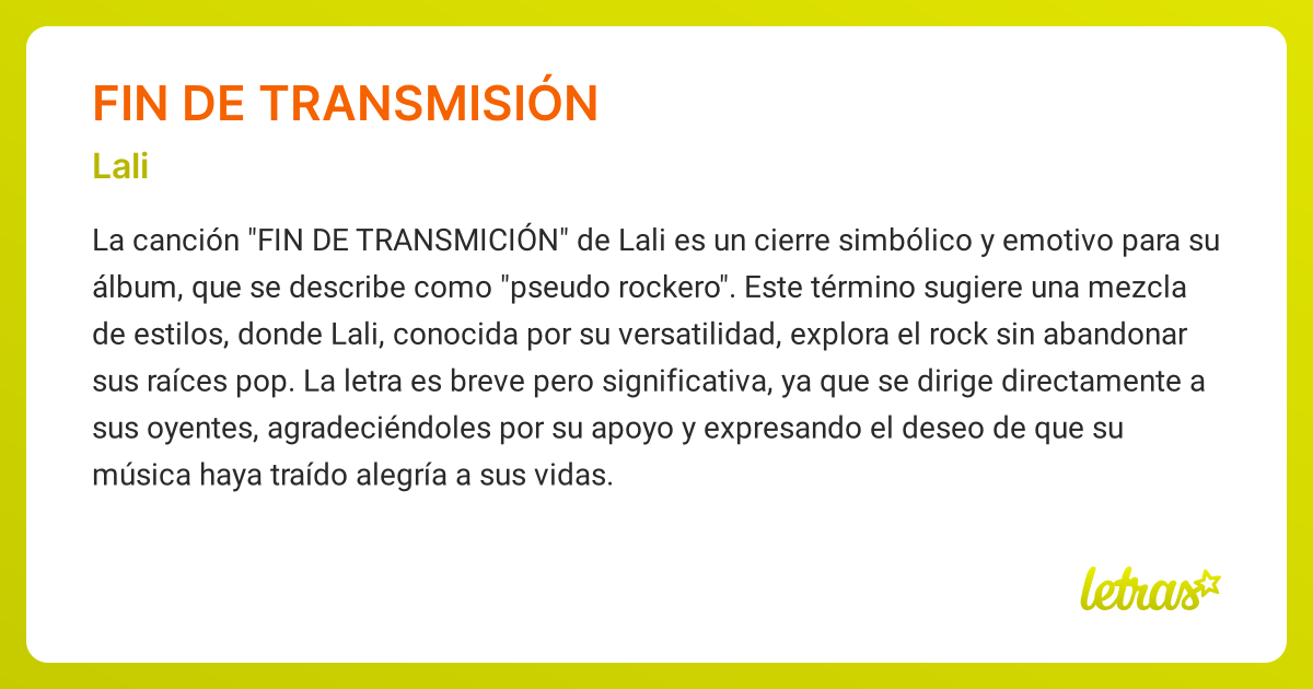 Significado de la canción FIN DE TRANSMICIÓN (Lali) - LETRAS.COM