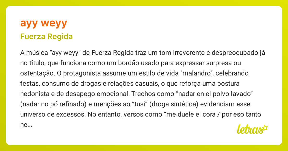 Significado da música AYY WEYY (Fuerza Regida) - LETRAS.MUS.BR