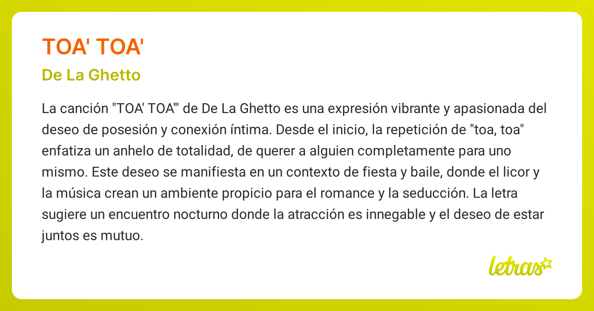 Significado de la canción TOA' TOA' (De La Ghetto) - LETRAS.COM