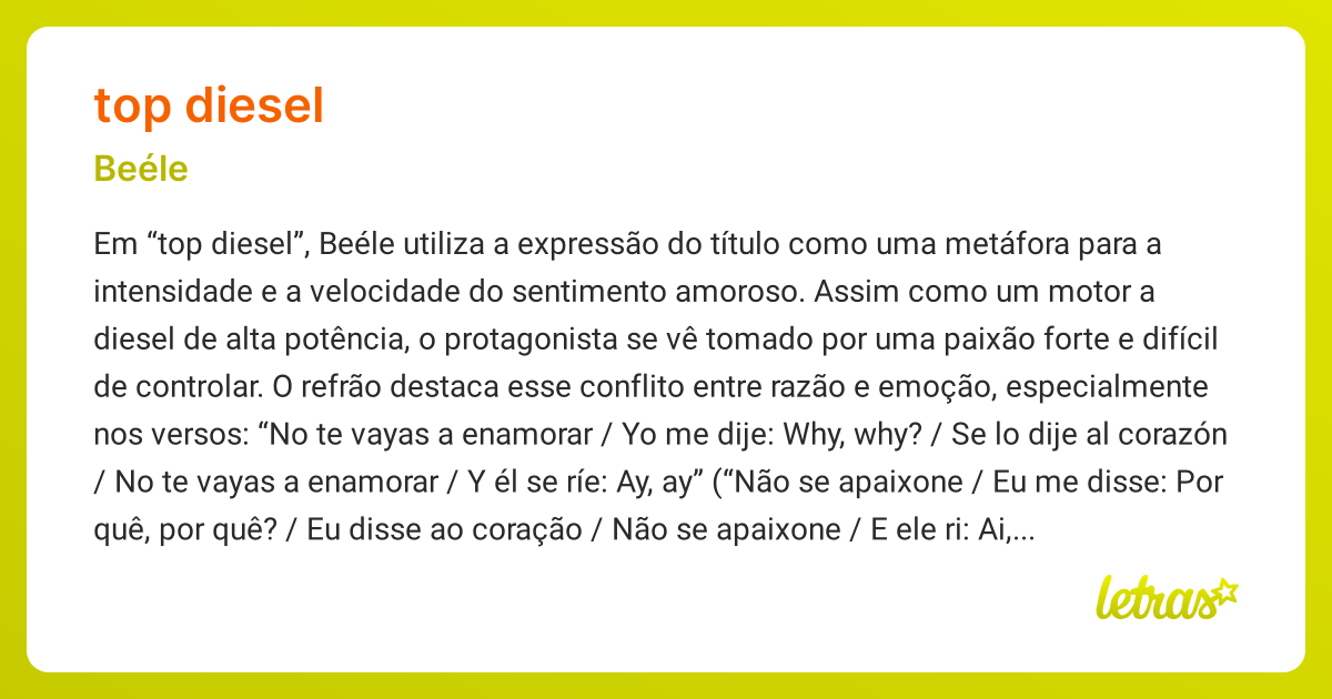 Significado da música TOP DIESEL (Beéle) - LETRAS.MUS.BR