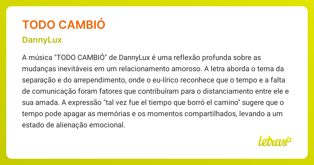 Significado da música TODO CAMBIÓ (DannyLux) - LETRAS.MUS.BR