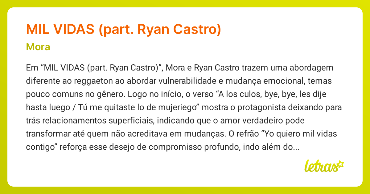 Significado da música MIL VIDAS (PART. RYAN CASTRO) (Mora) - LETRAS.MUS.BR