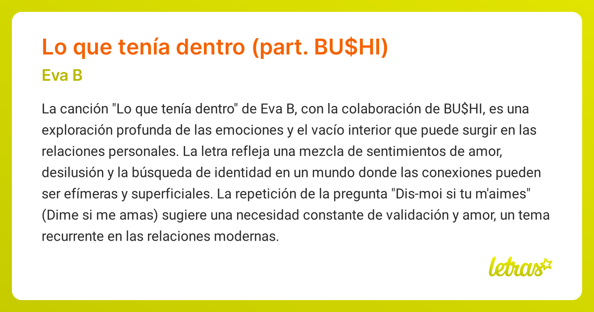 Significado de la canción Lo que tenía dentro (part. BU$HI) (Eva B ...