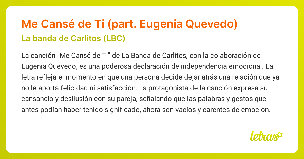 Significado de la canción Me Cansé de Ti (part. Eugenia Quevedo) (La ...