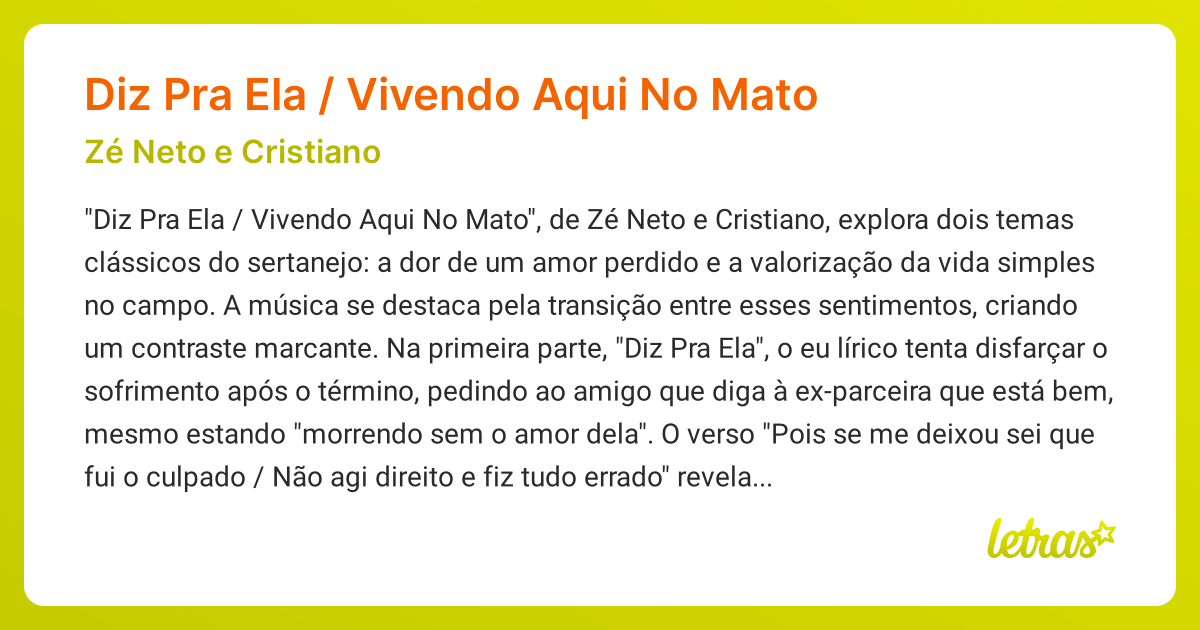 Significado da música Diz Pra Ela / Vivendo Aqui No Mato (Zé Neto e ...