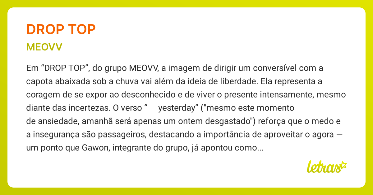 Significado da música DROP TOP (MEOVV) - LETRAS.MUS.BR