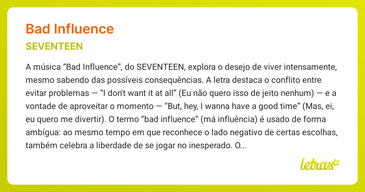 Significado da música BAD INFLUENCE (SEVENTEEN) - LETRAS.MUS.BR