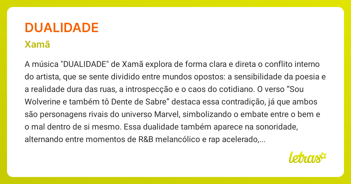 Significado da música DUALIDADE (Xamã) - LETRAS.MUS.BR
