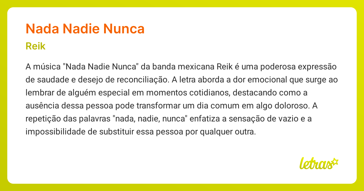 Significado da música NADA NADIE NUNCA (Reik) - LETRAS.MUS.BR