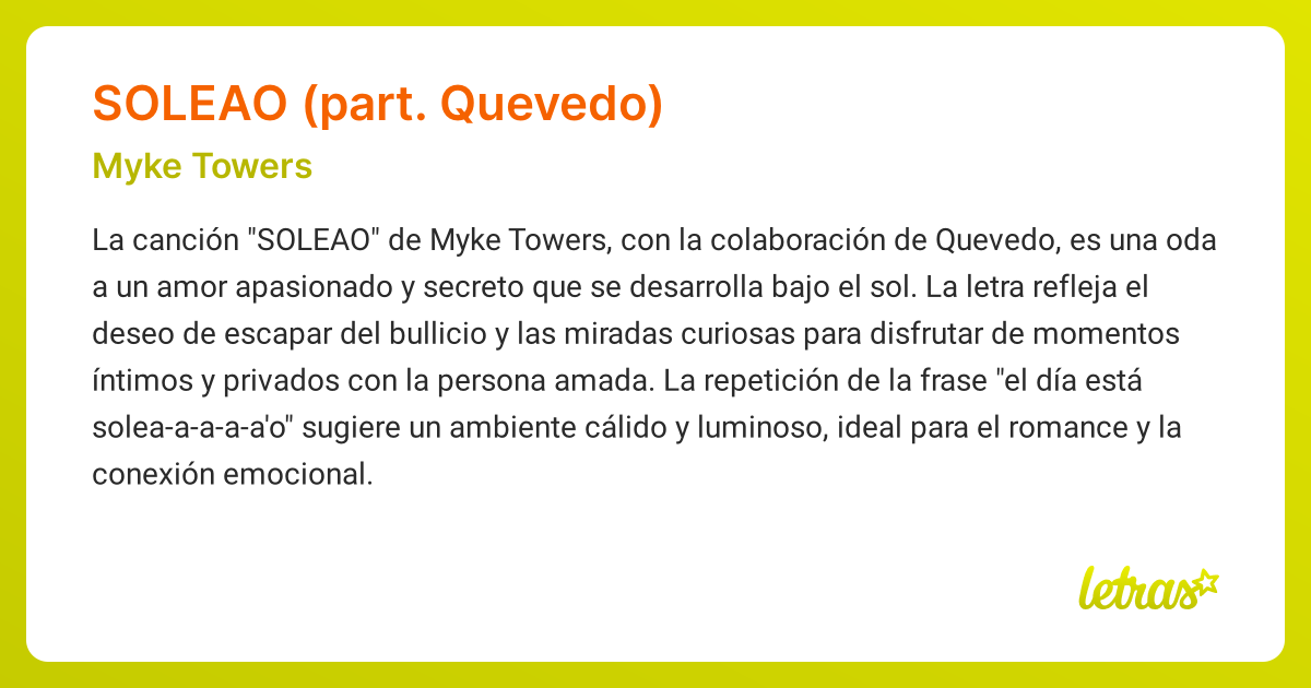 Significado de la canción SOLEAO (PART. QUEVEDO) (Myke Towers) - LETRAS.COM
