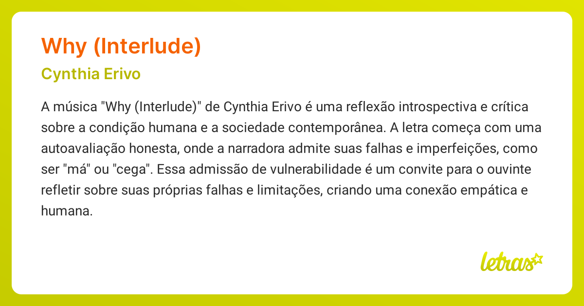Significado da música WHY (INTERLUDE) (Cynthia Erivo) - LETRAS.MUS.BR