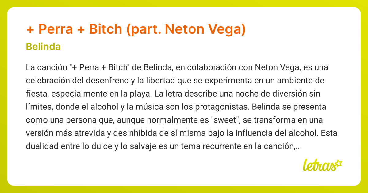 Significado de la canción + Perra + Bitch (part. Neton Vega) (Belinda) - LETRAS.COM
