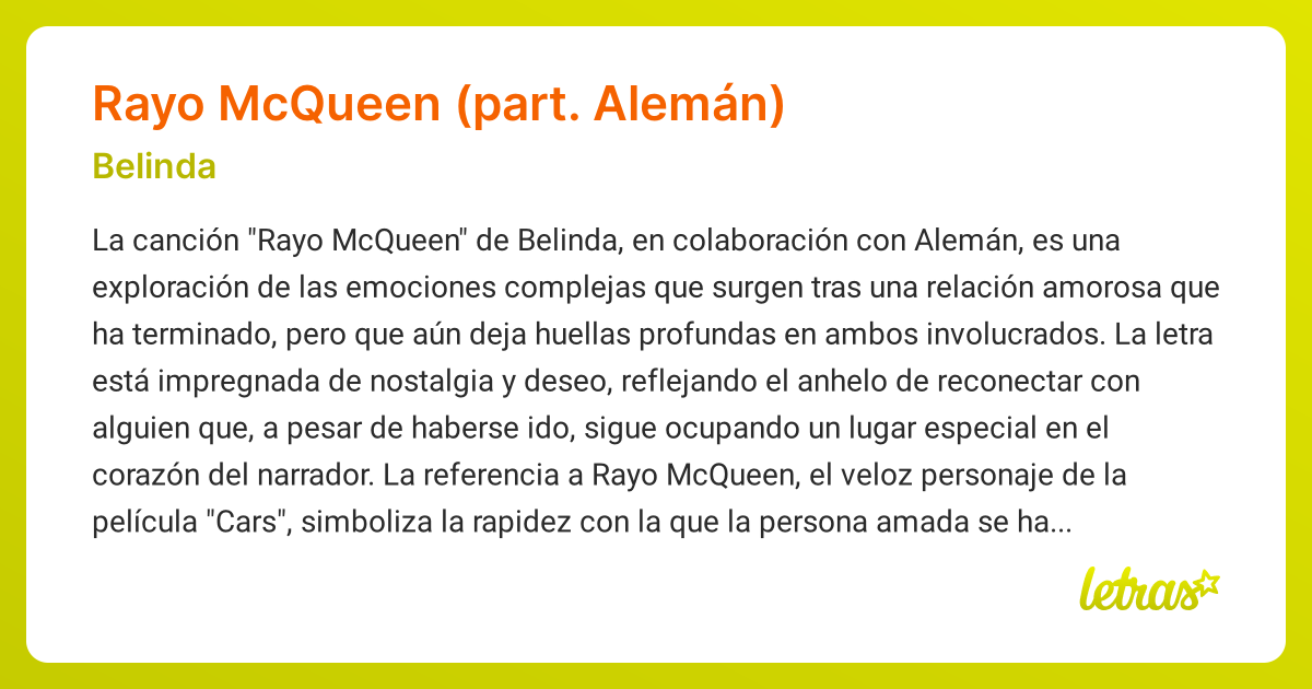 Significado de la canción RAYO MCQUEEN (PART. ALEMÁN) (Belinda ...