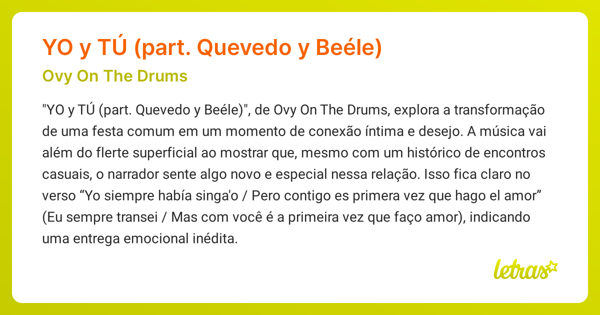 Significado da música YO y TÚ (part. Quevedo y Beéle) (Ovy On The Drums ...