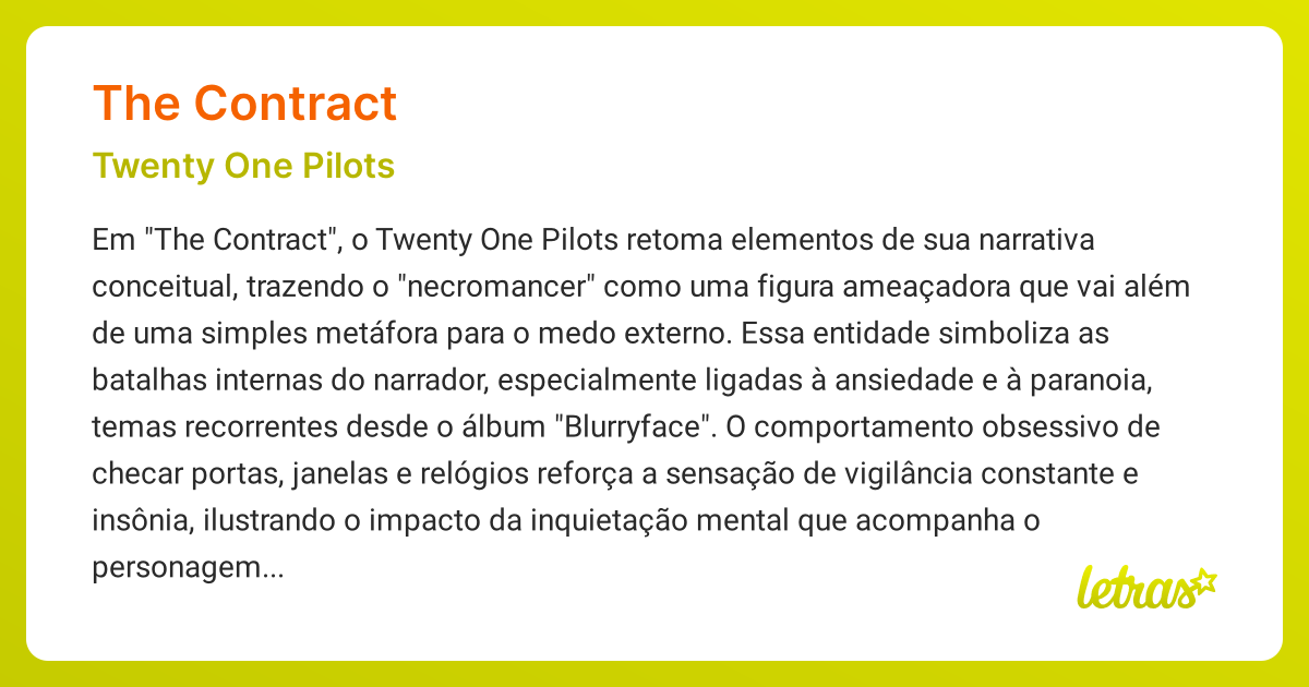 Significado da música THE CONTRACT (Twenty One Pilots) - LETRAS.MUS.BR