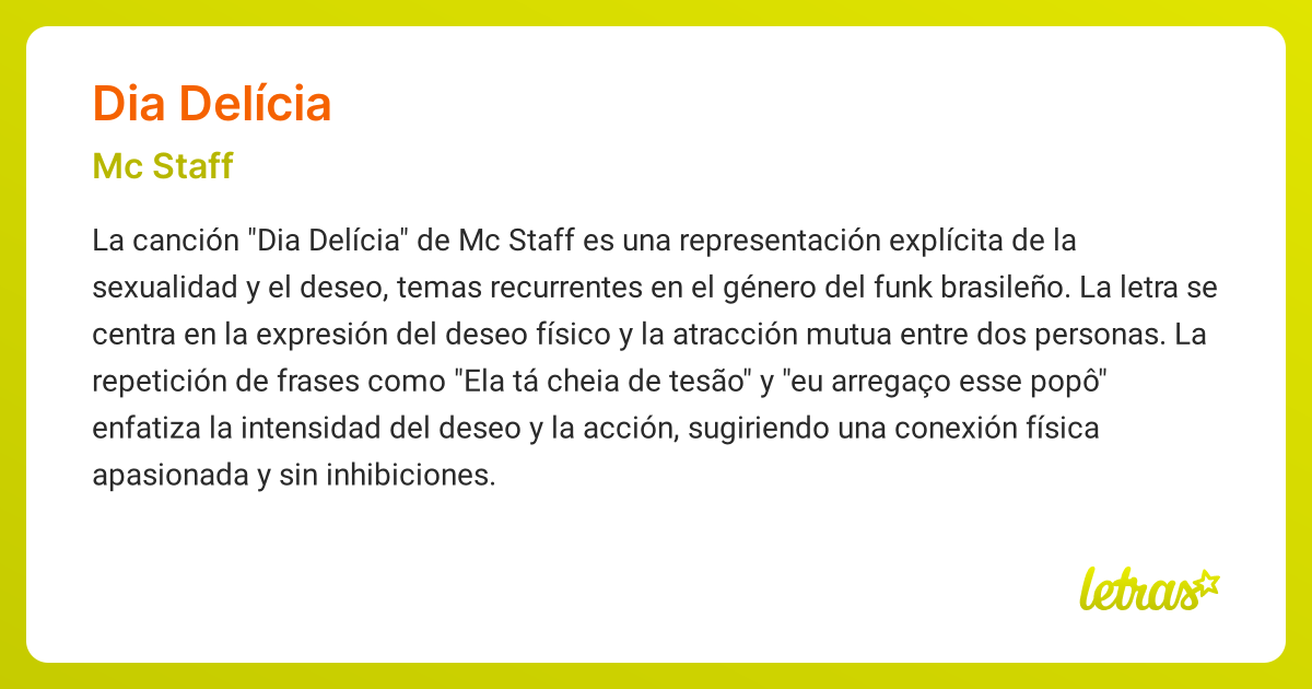 Significado de la canción DIA DELÍCIA (Mc Staff) - LETRAS.COM