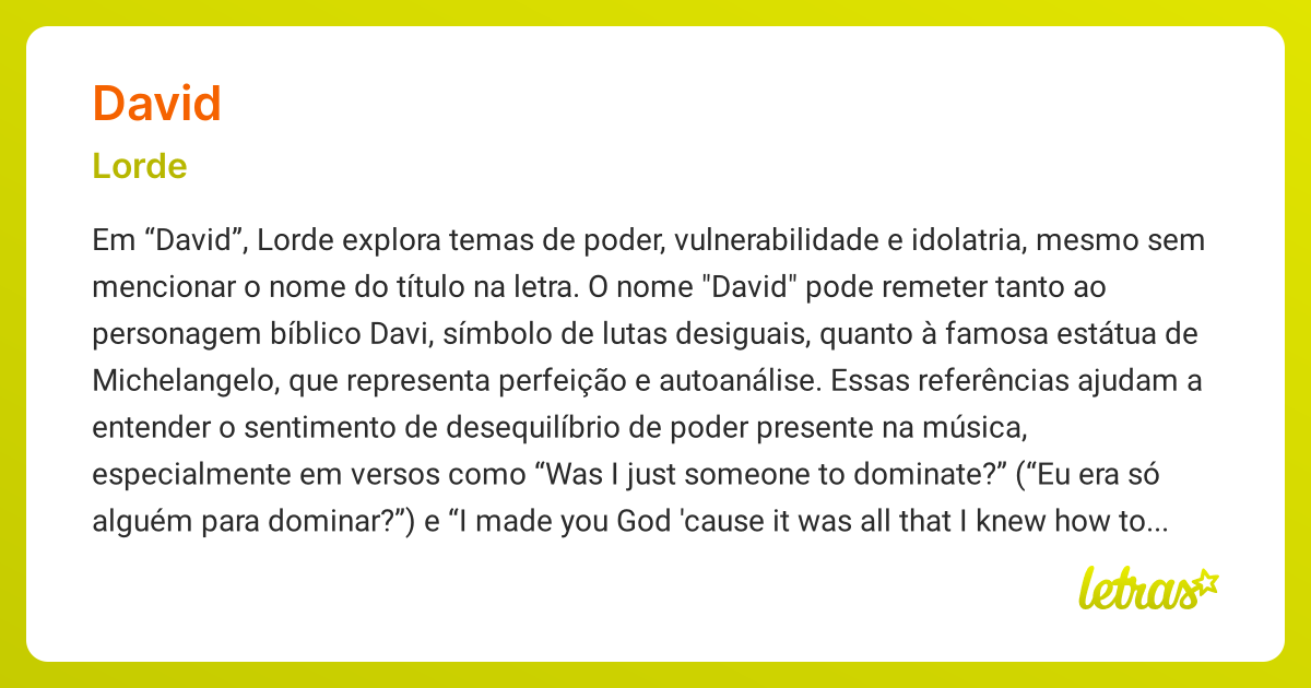 Significado da música DAVID (Lorde) - LETRAS.MUS.BR