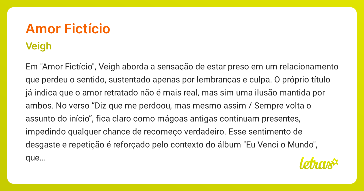 Significado da música AMOR FICTÍCIO (Veigh) - LETRAS.MUS.BR
