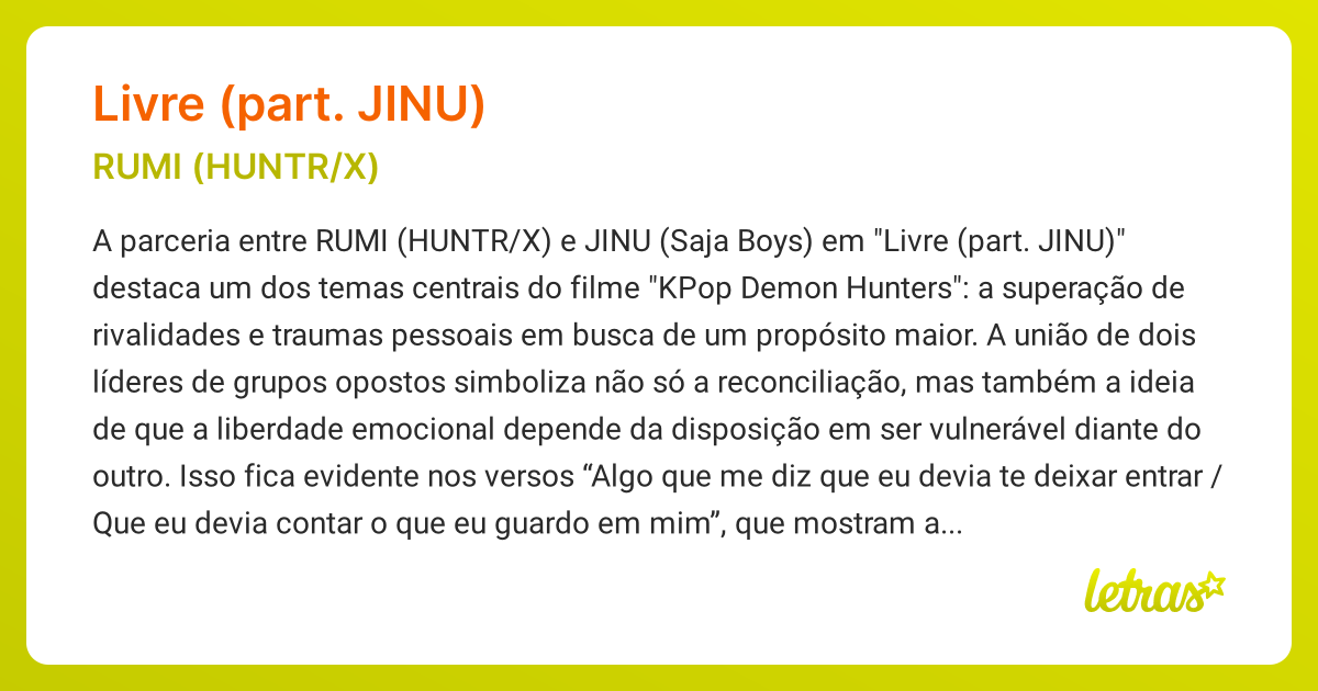 Significado da música LIVRE (PART. JINU) (RUMI (HUNTR/X)) - LETRAS.MUS.BR