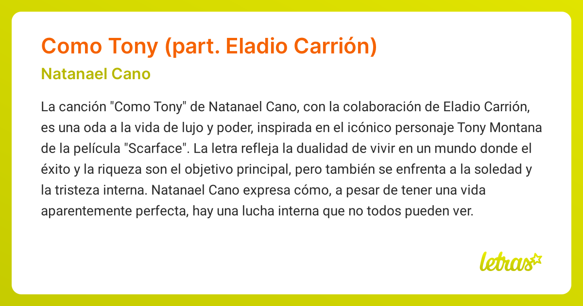 Significado de la canción Como Tony (part. Eladio Carrión) (Natanael ...