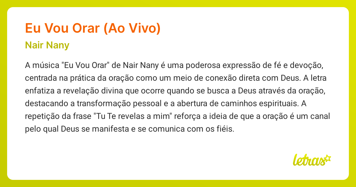 Significado da música EU VOU ORAR (AO VIVO) (Nair Nany) - LETRAS.MUS.BR
