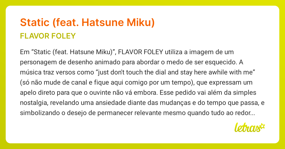Significado da música STATIC (FEAT. HATSUNE MIKU) (FLAVOR FOLEY ...