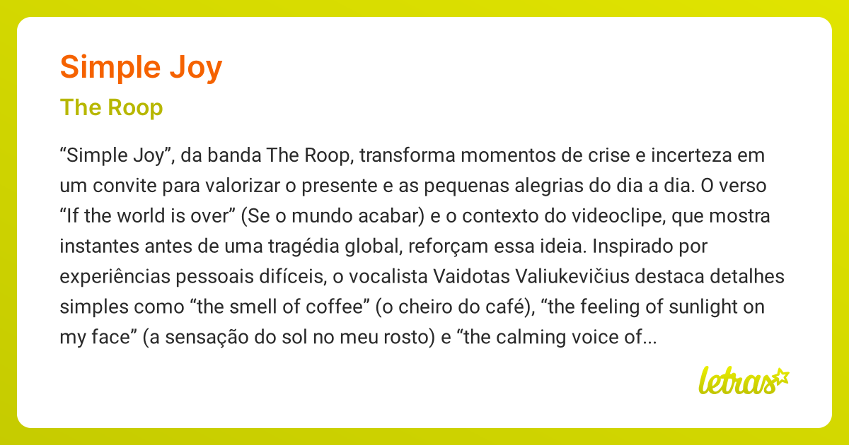 Significado da música SIMPLE JOY (The Roop) - LETRAS.MUS.BR