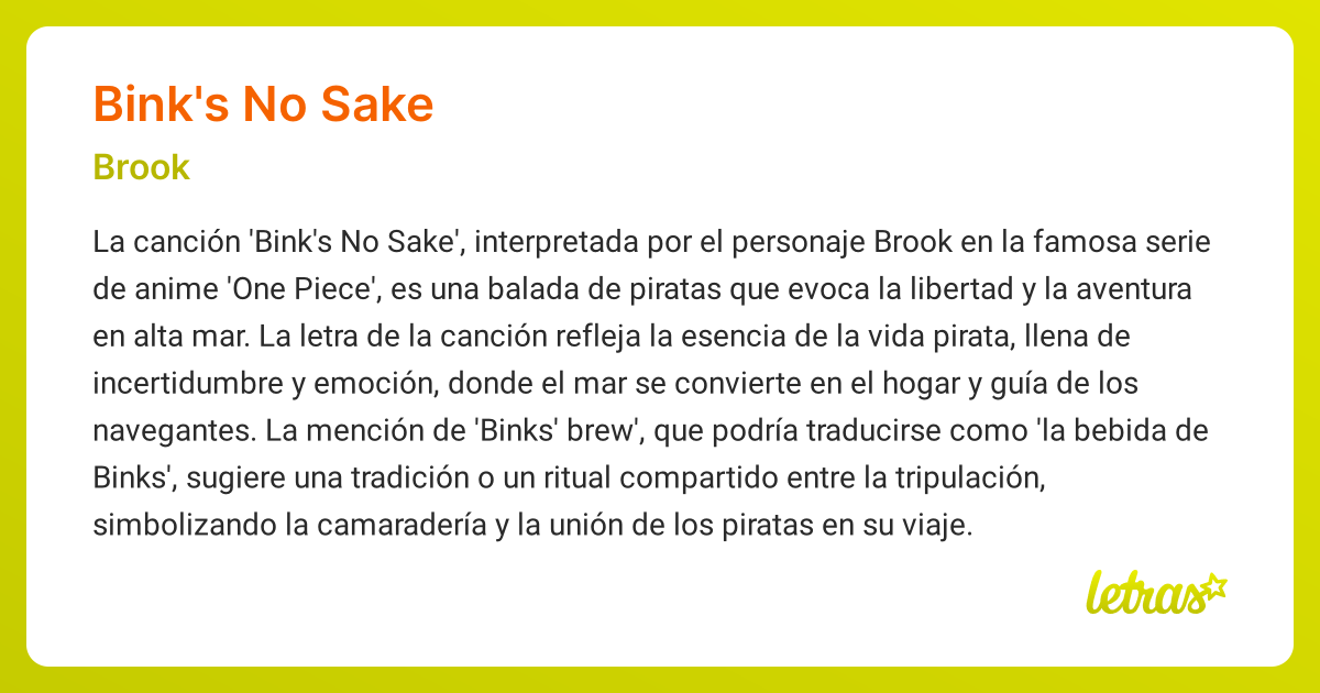 Significado de la canción BINK'S NO SAKE (Brook) - LETRAS.COM