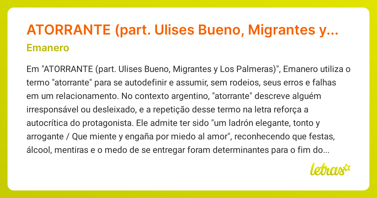 Significado da música ATORRANTE (part. Ulises Bueno, Migrantes y Los ...